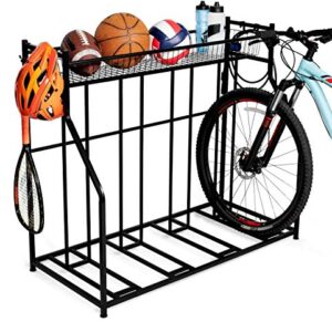 4 Bike Stand Rack with Storage – Great for Parking Road, Mountain, Hybrid or Kids Bikes – Garage Organizer - Helmet - Sports Storage Station - Black