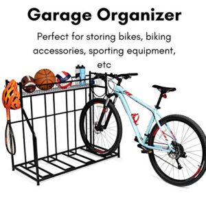 4 Bike Stand Rack with Storage – Great for Parking Road, Mountain, Hybrid or Kids Bikes – Garage Organizer - Helmet - Sports Storage Station - Black