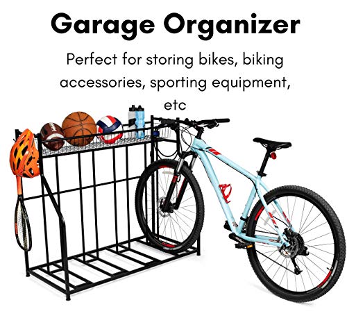 4 Bike Stand Rack with Storage – Great for Parking Road, Mountain, Hybrid or Kids Bikes – Garage Organizer - Helmet - Sports Storage Station - Black