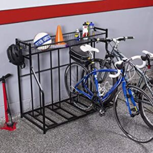 4 Bike Stand Rack with Storage – Great for Parking Road, Mountain, Hybrid or Kids Bikes – Garage Organizer - Helmet - Sports Storage Station - Black