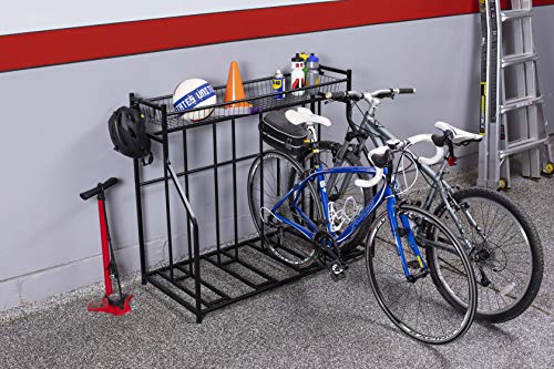 4 Bike Stand Rack with Storage – Great for Parking Road, Mountain, Hybrid or Kids Bikes – Garage Organizer - Helmet - Sports Storage Station - Black