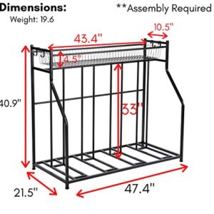 4 Bike Stand Rack with Storage – Great for Parking Road, Mountain, Hybrid or Kids Bikes – Garage Organizer - Helmet - Sports Storage Station - Black