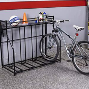 4 Bike Stand Rack with Storage – Great for Parking Road, Mountain, Hybrid or Kids Bikes – Garage Organizer - Helmet - Sports Storage Station - Black