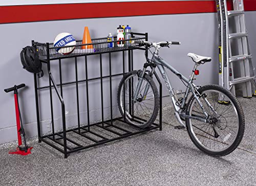 4 Bike Stand Rack with Storage – Great for Parking Road, Mountain, Hybrid or Kids Bikes – Garage Organizer - Helmet - Sports Storage Station - Black