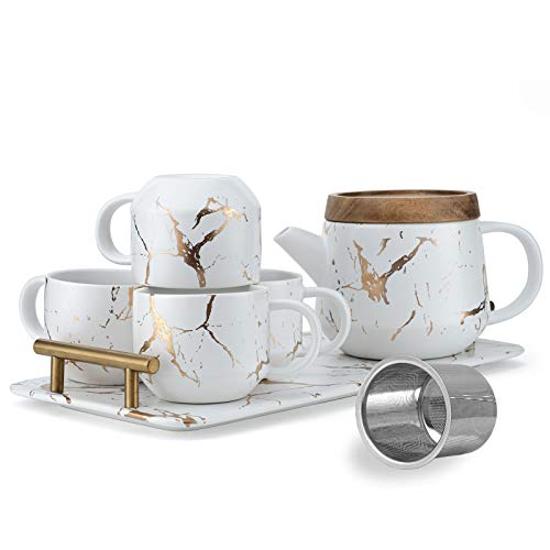 Taimei Teatime White Porcelain Tea Set, 25oz Teapot Set with Infuser, 4 Tea Cups and Porcelain Tray, Luxury Tea Set for Adults with Modern Marble Design, Tea Gift Set for Tea Lovers, Woman and Men