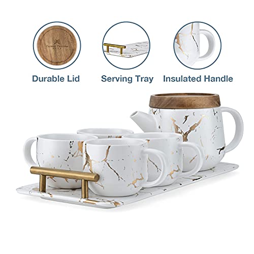 Taimei Teatime White Porcelain Tea Set, 25oz Teapot Set with Infuser, 4 Tea Cups and Porcelain Tray, Luxury Tea Set for Adults with Modern Marble Design, Tea Gift Set for Tea Lovers, Woman and Men