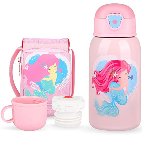 CHANSBO Kids Water Bottle, NON-Toxic Leak Proof Thermoses Stainless Steel Vacuum Cup with Straw BPA Free Insulated Water Flask with Carrier Holder Shoulder Strap and Spare Cover Lid (Mermaid - 17oz)