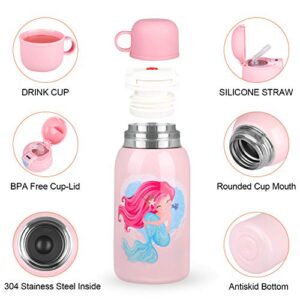 CHANSBO Kids Water Bottle, NON-Toxic Leak Proof Thermoses Stainless Steel Vacuum Cup with Straw BPA Free Insulated Water Flask with Carrier Holder Shoulder Strap and Spare Cover Lid (Mermaid - 17oz)