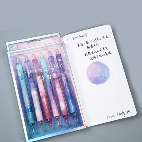 Creative Cute Pens Galaxy Pens , 6 Pieces Black Ink Pens, 0.5 mm Fine Tip Pen, Gift Stationery School Office Supply (Starry sky)