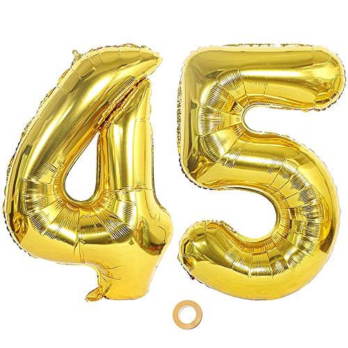 Ceqiny 40 Inch 45th Number Balloon Mylar Balloon Giant Balloon Alphabet Foil Balloon for Birthday Party Wedding Bridal Shower Engagement Photo Shoot Anniversary Decoration, Gold Digit 45 Balloon