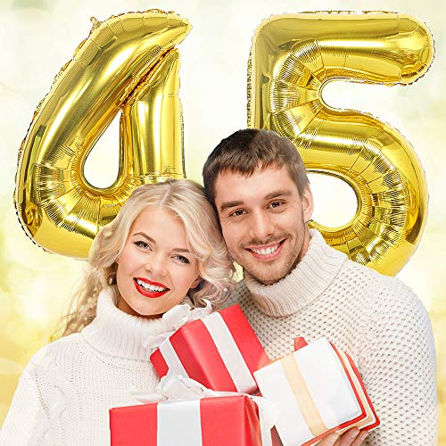 Ceqiny 40 Inch 45th Number Balloon Mylar Balloon Giant Balloon Alphabet Foil Balloon for Birthday Party Wedding Bridal Shower Engagement Photo Shoot Anniversary Decoration, Gold Digit 45 Balloon