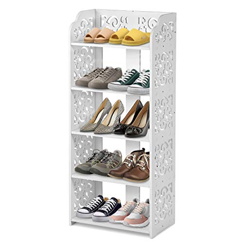 Greensen White Vertical Shoe Rack, Small Stackable Tiered Shoe Rack Closet Wood Shoe Storage Organizer Stackable Space Saver Shelf Unit Bookshelf Cabinet for Hallway Bathroom Entryway Living Room