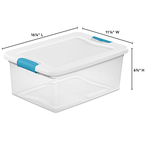 Sterilite 15 Qt./14 L Latching Box Clears, Quart, White, 12 Piece & 19638606 Large Clip Box, Clear with Blue Aquarium Latches, 6-Pack