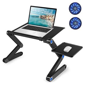 laptop table, adjustable laptop bed table, laptop computer stand, portable laptop workstation notebook stand reading holder with large cpu cooling fan and mouse pad in bed couch office sofa