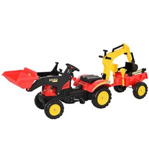 aosom 3 in1 kids ride on excavator/bulldozer, pedal car digger toy move forward/back with 6 wheels and detachable cargo trailer