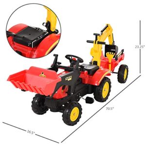 Aosom 3 in1 Kids Ride On Excavator/Bulldozer, Pedal Car Digger Toy Move Forward/Back with 6 Wheels and Detachable Cargo Trailer