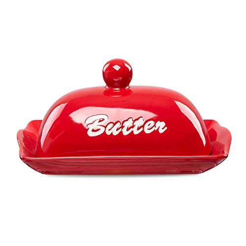 Cutiset 7.5 in Ceramic Stylish Butter dish with handled lid, Perfect Size for Standard Butter Stick (Scarlet)