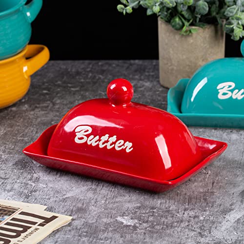 Cutiset 7.5 in Ceramic Stylish Butter dish with handled lid, Perfect Size for Standard Butter Stick (Scarlet)