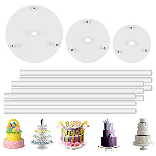 DOERDO 3 Tier Cake Separator Plates and 9 Pieces Plastic Cake Dowel Rods Set, for Tiered Cake Construction and Stacking(12cm,16cm,18cm)