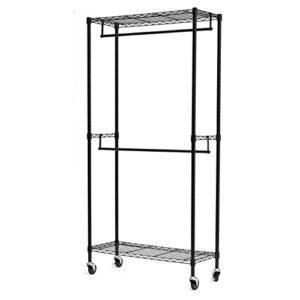 Amazon Basics Double Hanging Rod Garment Rolling Closet Organizer Rack, Black & Expandable Metal Hanging Storage Organizer Rack Wardrobe with Shelves, 14"-63" x 58"-72", Black