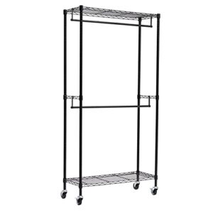 Amazon Basics Double Hanging Rod Garment Rolling Closet Organizer Rack, Black & Expandable Metal Hanging Storage Organizer Rack Wardrobe with Shelves, 14"-63" x 58"-72", Black