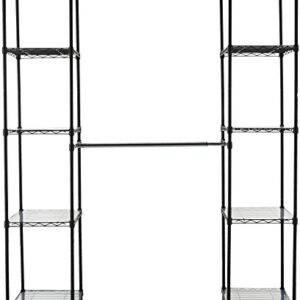 Amazon Basics Double Hanging Rod Garment Rolling Closet Organizer Rack, Black & Expandable Metal Hanging Storage Organizer Rack Wardrobe with Shelves, 14"-63" x 58"-72", Black