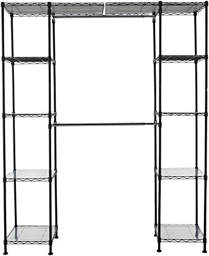 Amazon Basics Double Hanging Rod Garment Rolling Closet Organizer Rack, Black & Expandable Metal Hanging Storage Organizer Rack Wardrobe with Shelves, 14"-63" x 58"-72", Black