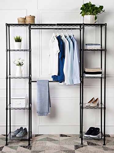 Amazon Basics Double Hanging Rod Garment Rolling Closet Organizer Rack, Black & Expandable Metal Hanging Storage Organizer Rack Wardrobe with Shelves, 14"-63" x 58"-72", Black