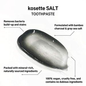 Kosette Salt Toothpaste 100g, Activated Charcoal Toothpaste - Teeth Whitening & Deep Clean with Premium Ingredients - Gray Sea Salt, Bamboo Charcoal, Fresh Peppermint | No Black Residue | Vegan