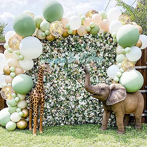 Sweet Baby Co. Sage Green Balloon Garland Arch Kit with Eucalyptus Olive, Peach, White, Gold Balloons and Greenery for Forest Safari Jungle Tropical Theme Decorations Baby Bridal Shower Birthday Party