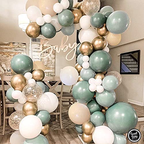 Sweet Baby Co. Sage Green Balloon Garland Arch Kit with Eucalyptus Olive, Peach, White, Gold Balloons and Greenery for Forest Safari Jungle Tropical Theme Decorations Baby Bridal Shower Birthday Party