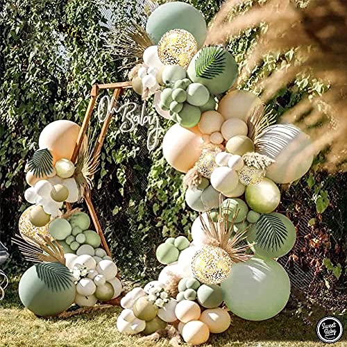 Sweet Baby Co. Sage Green Balloon Garland Arch Kit with Eucalyptus Olive, Peach, White, Gold Balloons and Greenery for Forest Safari Jungle Tropical Theme Decorations Baby Bridal Shower Birthday Party