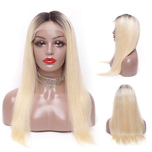 Ombre Blonde Lace Front Wigs 4x4 Closure Brazilian Human Hair #1B/613 Dark Roots Remy Hair Wig Pre Plucked Hairline Bleached Knots with Baby Hair Straight Long Colored Hair