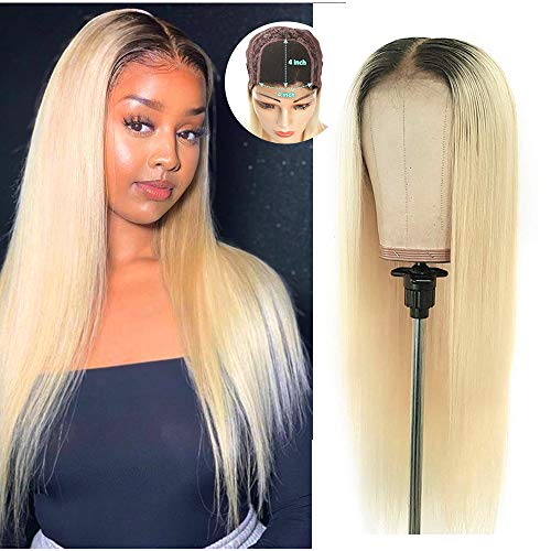 Ombre Blonde Lace Front Wigs 4x4 Closure Brazilian Human Hair #1B/613 Dark Roots Remy Hair Wig Pre Plucked Hairline Bleached Knots with Baby Hair Straight Long Colored Hair