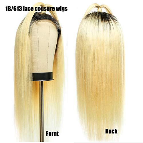 Ombre Blonde Lace Front Wigs 4x4 Closure Brazilian Human Hair #1B/613 Dark Roots Remy Hair Wig Pre Plucked Hairline Bleached Knots with Baby Hair Straight Long Colored Hair