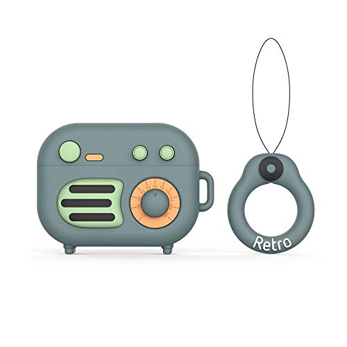 ICI-Rencontrer Compatible with Earbuds Case Airpods Pro, Retro Radio Receiver Design Waterproof Shockproof Protective Skin Anti-Lost Decoration Dark Green