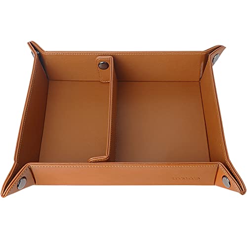 LUCKYCOIN Leather Valet Tray for Men and Women, Great Fathers Day Husband Gift, Premium Vegan Leather Storage Nightstand Organizer, Vanity EDC Catchall Tray for Keys, Wallet, Jewelry, Eyeglass, Brown