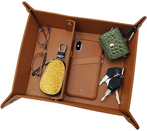 LUCKYCOIN Leather Valet Tray for Men and Women, Great Fathers Day Husband Gift, Premium Vegan Leather Storage Nightstand Organizer, Vanity EDC Catchall Tray for Keys, Wallet, Jewelry, Eyeglass, Brown