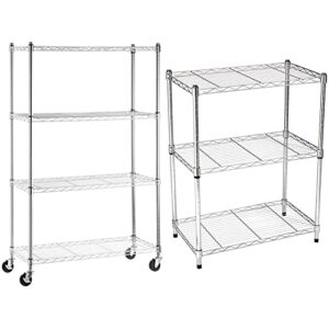 amazonbasics 4-shelf shelving storage unit on 3'' wheel casters, chrome silver & 3-shelf adjustable, heavy duty storage shelving unit (250 lbs per shelf), steel wire rack, chrome (23.3l x 13.4w x 30h)