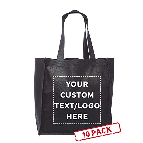 DISCOUNT PROMOS Custom Reusable Cloth Grocery Shopping Tote Bags - 10 Pack - Personalized Logo, Text - Foldable, Washable, Shopper Bag - Black