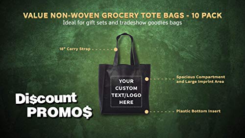 DISCOUNT PROMOS Custom Reusable Cloth Grocery Shopping Tote Bags - 10 Pack - Personalized Logo, Text - Foldable, Washable, Shopper Bag - Black