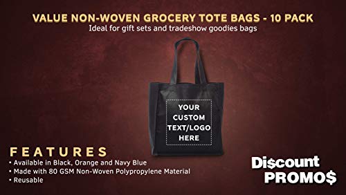 DISCOUNT PROMOS Custom Reusable Cloth Grocery Shopping Tote Bags - 10 Pack - Personalized Logo, Text - Foldable, Washable, Shopper Bag - Black