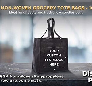 DISCOUNT PROMOS Custom Reusable Cloth Grocery Shopping Tote Bags - 10 Pack - Personalized Logo, Text - Foldable, Washable, Shopper Bag - Black