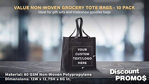 DISCOUNT PROMOS Custom Reusable Cloth Grocery Shopping Tote Bags - 10 Pack - Personalized Logo, Text - Foldable, Washable, Shopper Bag - Black