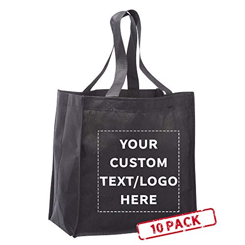 DISCOUNT PROMOS Custom Reusable Cloth Grocery Shopping Tote Bags - 10 Pack - Personalized Logo, Text - Foldable, Washable, Shopper Bag - Black