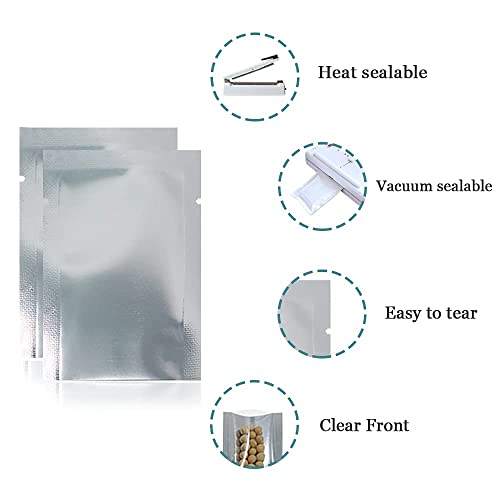 Silver Aluminum Foil Smell Proof Pouch Heat Seal Front Clear Plastic Mini Open Top Flat Vacuum Packaging Mylar Bag Food Powder Small Sample Mylar Storage with Tear Notch (200, 10x15cm(3.9x5.9 inch))