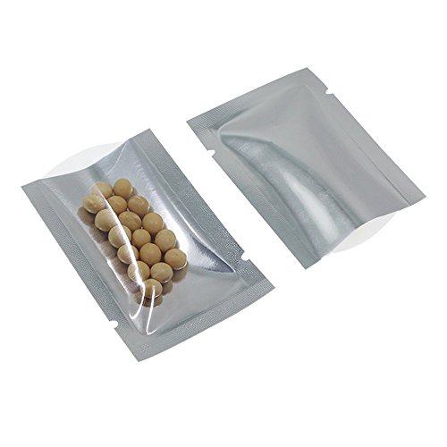 Silver Aluminum Foil Smell Proof Pouch Heat Seal Front Clear Plastic Mini Open Top Flat Vacuum Packaging Mylar Bag Food Powder Small Sample Mylar Storage with Tear Notch (200, 10x15cm(3.9x5.9 inch))