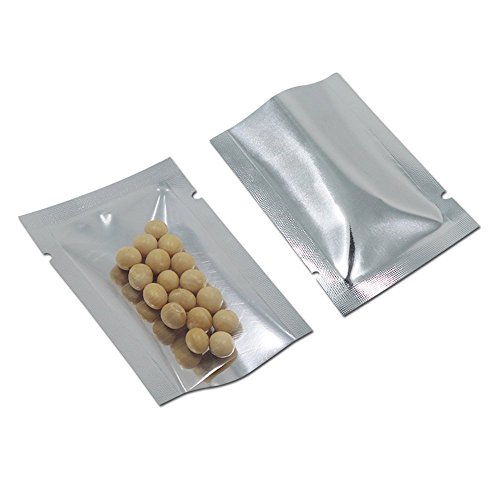 Silver Aluminum Foil Smell Proof Pouch Heat Seal Front Clear Plastic Mini Open Top Flat Vacuum Packaging Mylar Bag Food Powder Small Sample Mylar Storage with Tear Notch (200, 10x15cm(3.9x5.9 inch))