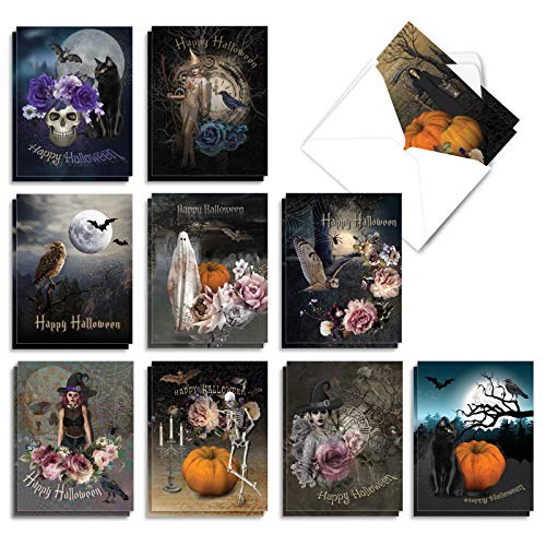 The Best Card Company - 20 Happy Halloween Note Cards Boxed (10 Designs, 2 Each) - Spooky Notecard Assortment (4 x 5.12 Inch) - Ghoulish Greetings AM9147HWG-B2x10