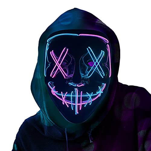 Halloween Purge Mask Light Up Scary Mask EL Wire LED Mask for Festival Party Gifts (Blue-Pink)